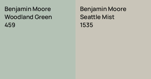 Benjamin Moore Woodland Green vs. Benjamin Moore Seattle Mist comparison