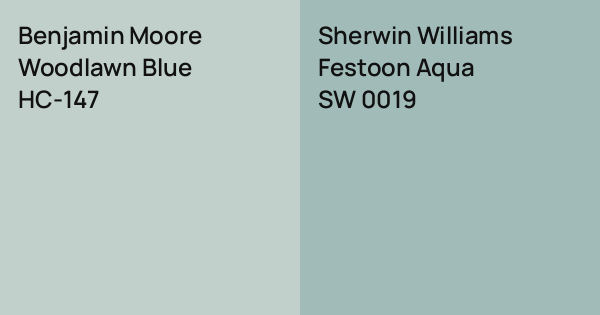 Benjamin Moore Woodlawn Blue vs. Sherwin Williams Festoon Aqua comparison