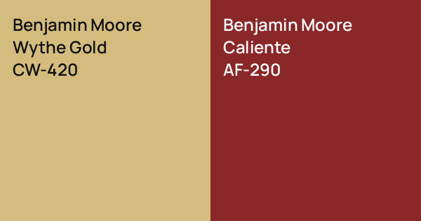 Benjamin Moore Wythe Gold vs. Benjamin Moore Caliente comparison