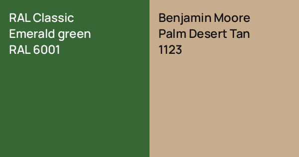 RAL Classic Emerald green vs. Benjamin Moore Palm Desert Tan comparison