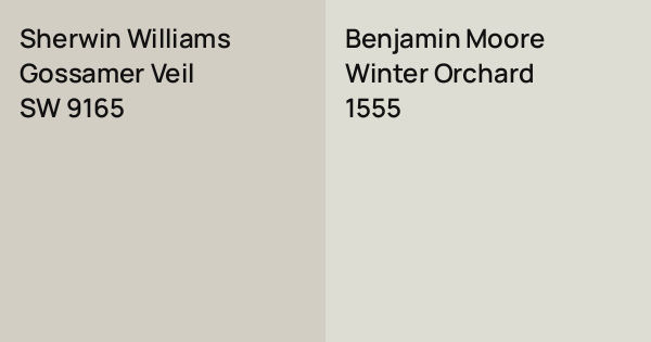 Sherwin Williams Gossamer Veil vs. Benjamin Moore Winter Orchard comparison