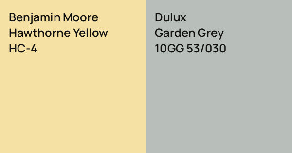 Benjamin Moore Hawthorne Yellow vs. Dulux Garden Grey comparison
