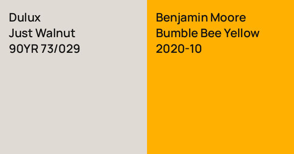 Dulux Just Walnut vs. Benjamin Moore Bumble Bee Yellow comparison