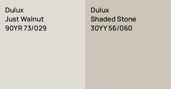 Dulux Just Walnut vs. Dulux Shaded Stone comparison