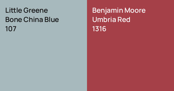 Little Greene Bone China Blue vs. Benjamin Moore Umbria Red comparison