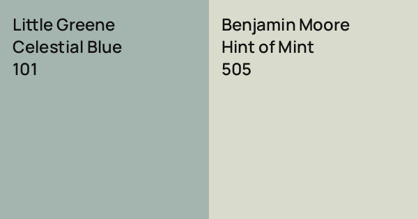 Little Greene Celestial Blue vs. Benjamin Moore Hint of Mint comparison