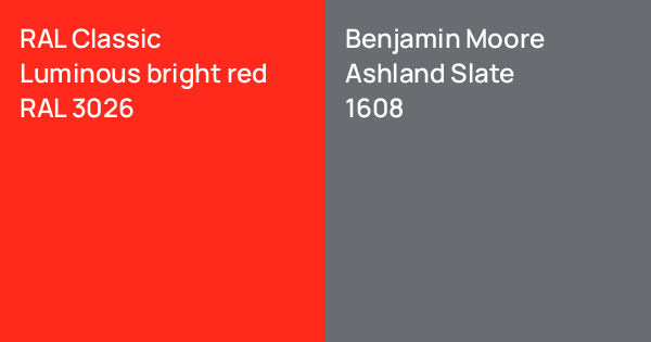 RAL Classic Luminous bright red vs. Benjamin Moore Ashland Slate comparison