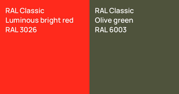 RAL Classic Luminous bright red vs. RAL Classic Olive green comparison