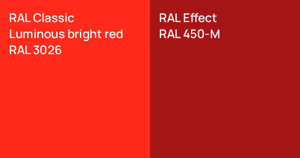 RAL Classic Luminous bright red vs. RAL Effect RAL 450-M comparison