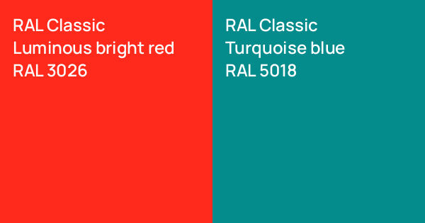 RAL Classic Luminous bright red vs. RAL Classic Turquoise blue comparison