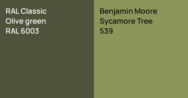 RAL Classic Olive green vs. Benjamin Moore Sycamore Tree comparison