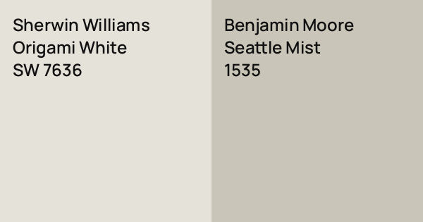 Sherwin Williams Origami White vs. Benjamin Moore Seattle Mist comparison