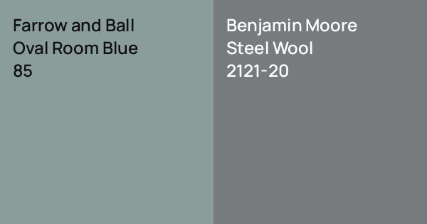 Farrow and Ball Oval Room Blue vs. Benjamin Moore Steel Wool comparison