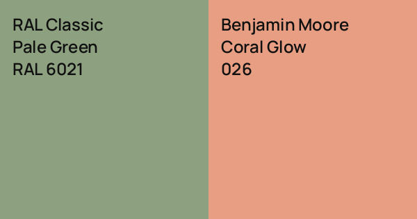 RAL Classic Pale Green vs. Benjamin Moore Coral Glow comparison