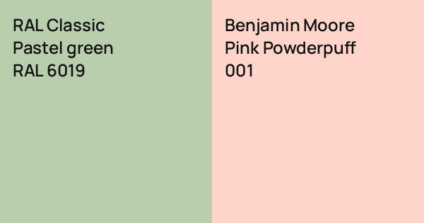 RAL Classic Pastel green vs. Benjamin Moore Pink Powderpuff comparison
