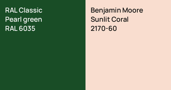 RAL Classic Pearl green vs. Benjamin Moore Sunlit Coral comparison