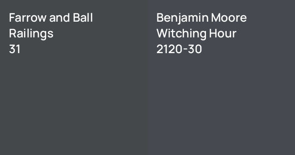 Farrow and Ball Railings vs. Benjamin Moore Witching Hour comparison