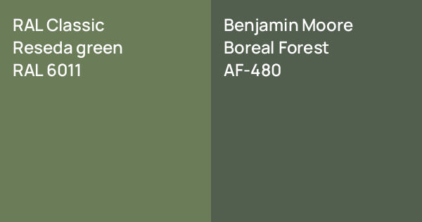 RAL Classic Reseda green vs. Benjamin Moore Boreal Forest comparison