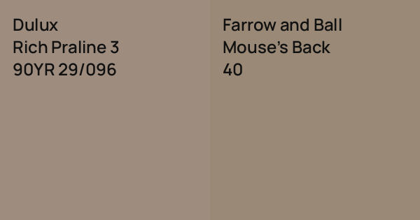 Dulux Rich Praline 3 vs. Farrow and Ball Mouse's Back comparison