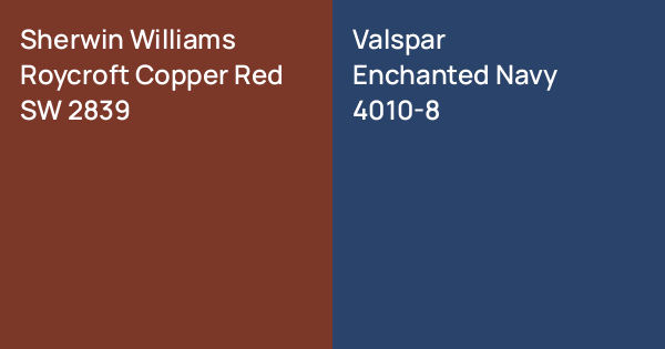 Sherwin Williams Roycroft Copper Red vs. Valspar Enchanted Navy comparison