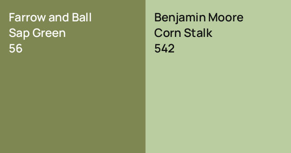 Farrow and Ball Sap Green vs. Benjamin Moore Corn Stalk comparison