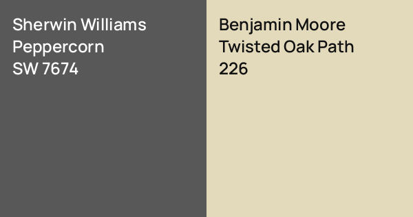 Sherwin Williams Peppercorn vs. Benjamin Moore Twisted Oak Path comparison