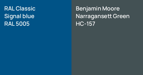 RAL Classic Signal blue vs. Benjamin Moore Narragansett Green comparison