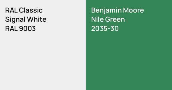 RAL Classic Signal White vs. Benjamin Moore Nile Green comparison