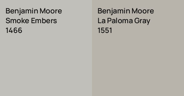 Benjamin Moore Smoke Embers vs. Benjamin Moore La Paloma Gray comparison