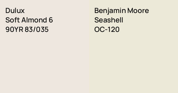 Dulux Soft Almond 6 vs. Benjamin Moore Seashell comparison