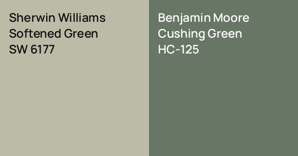 Sherwin Williams Softened Green vs. Benjamin Moore Cushing Green comparison