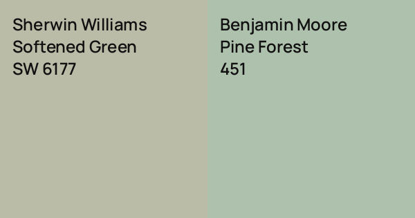 Sherwin Williams Softened Green vs. Benjamin Moore Pine Forest comparison
