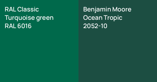 RAL Classic Turquoise green vs. Benjamin Moore Ocean Tropic comparison