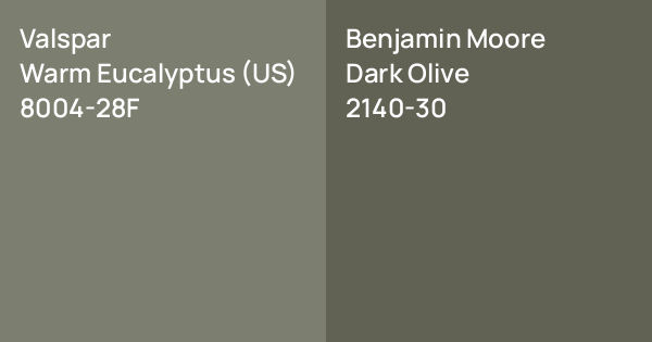 Valspar Warm Eucalyptus (US) vs. Benjamin Moore Dark Olive comparison