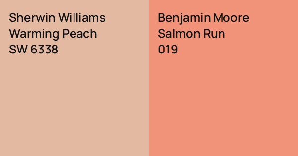 Sherwin Williams Warming Peach vs. Benjamin Moore Salmon Run comparison