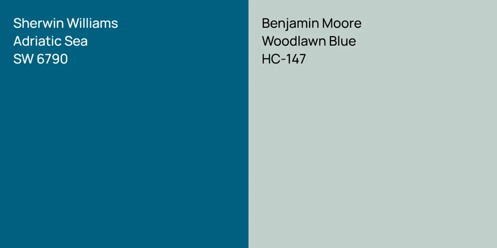 Sherwin Williams Adriatic Sea vs. Benjamin Moore Woodlawn Blue comparison
