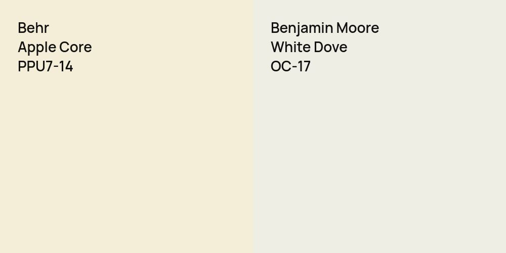 Behr Apple Core vs. Benjamin Moore White Dove comparison
