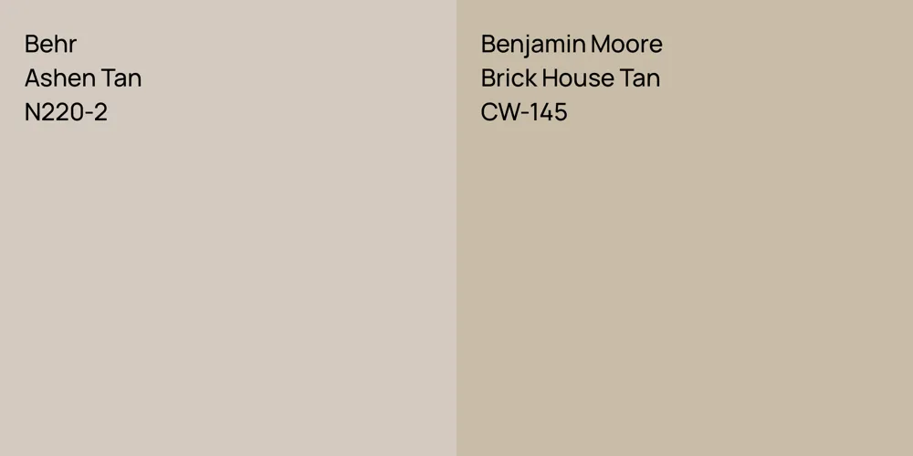 Behr Ashen Tan vs. Benjamin Moore Brick House Tan comparison