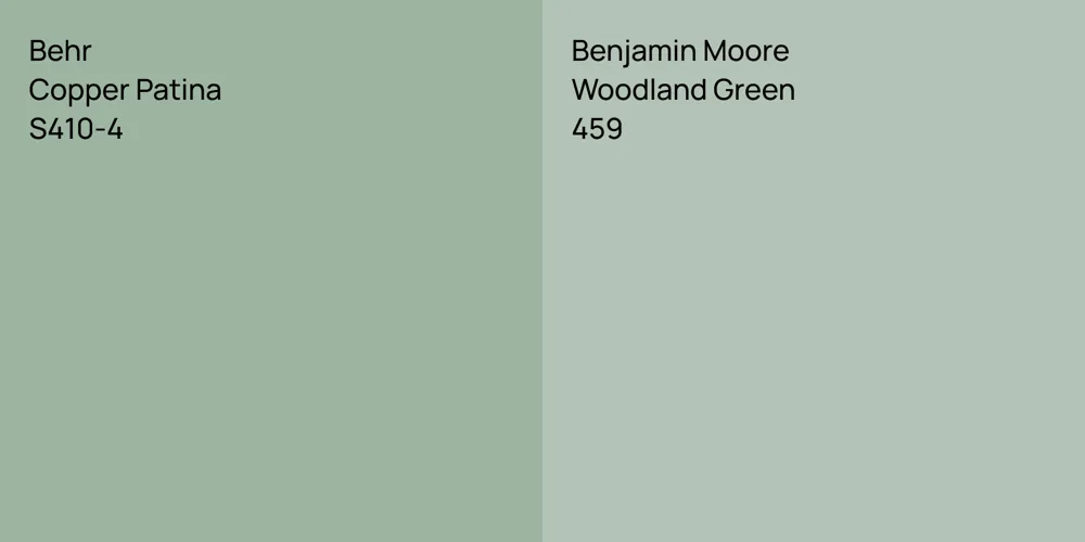 Behr Copper Patina vs. Benjamin Moore Woodland Green comparison
