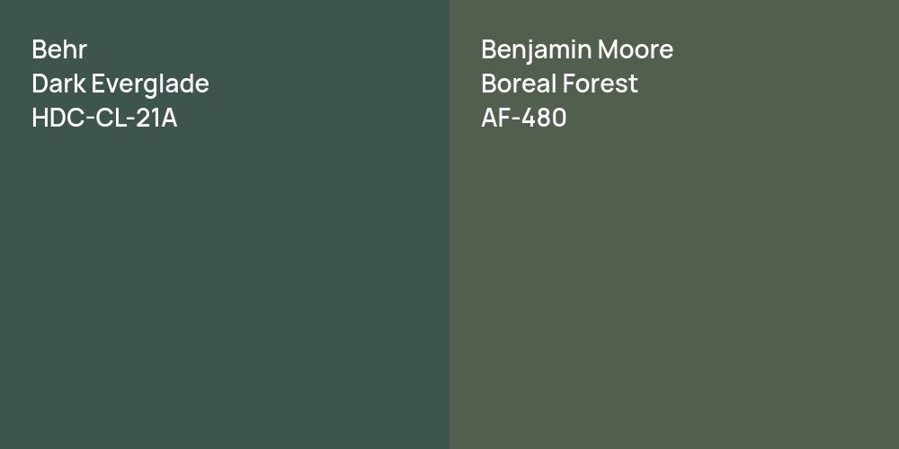 Behr Dark Everglade vs. Benjamin Moore Boreal Forest comparison