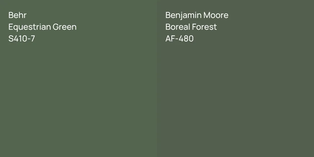 Behr Equestrian Green vs. Benjamin Moore Boreal Forest comparison