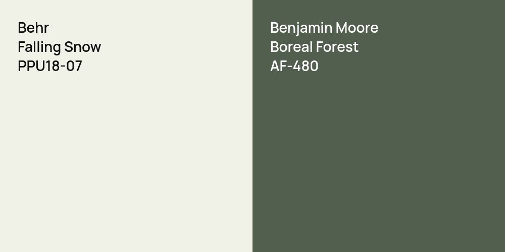 Behr Falling Snow vs. Benjamin Moore Boreal Forest comparison