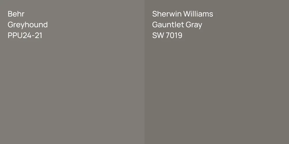 Behr Greyhound vs. Sherwin Williams Gauntlet Gray comparison