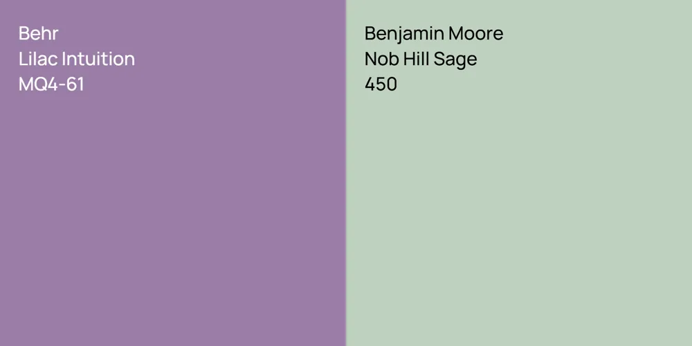 Behr Lilac Intuition vs. Benjamin Moore Nob Hill Sage comparison