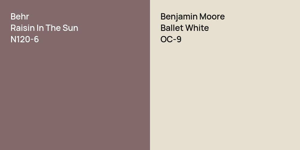 Behr Raisin In The Sun vs. Benjamin Moore Ballet White comparison