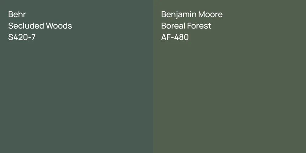 Behr Secluded Woods vs. Benjamin Moore Boreal Forest comparison