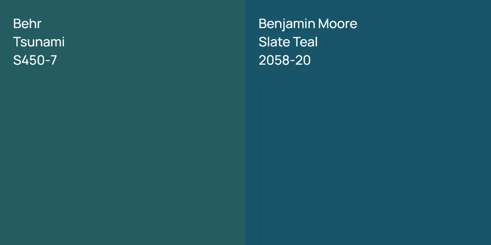 Behr Tsunami vs. Benjamin Moore Slate Teal comparison