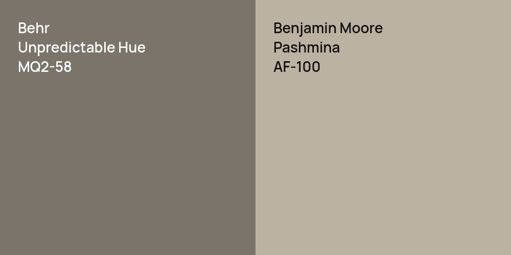 Behr Unpredictable Hue vs. Benjamin Moore Pashmina comparison