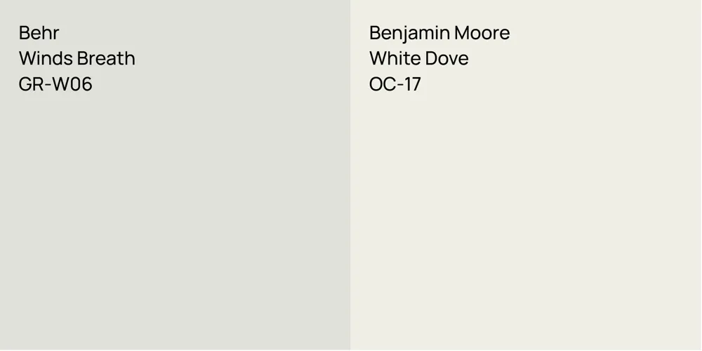 Behr Winds Breath vs. Benjamin Moore White Dove comparison