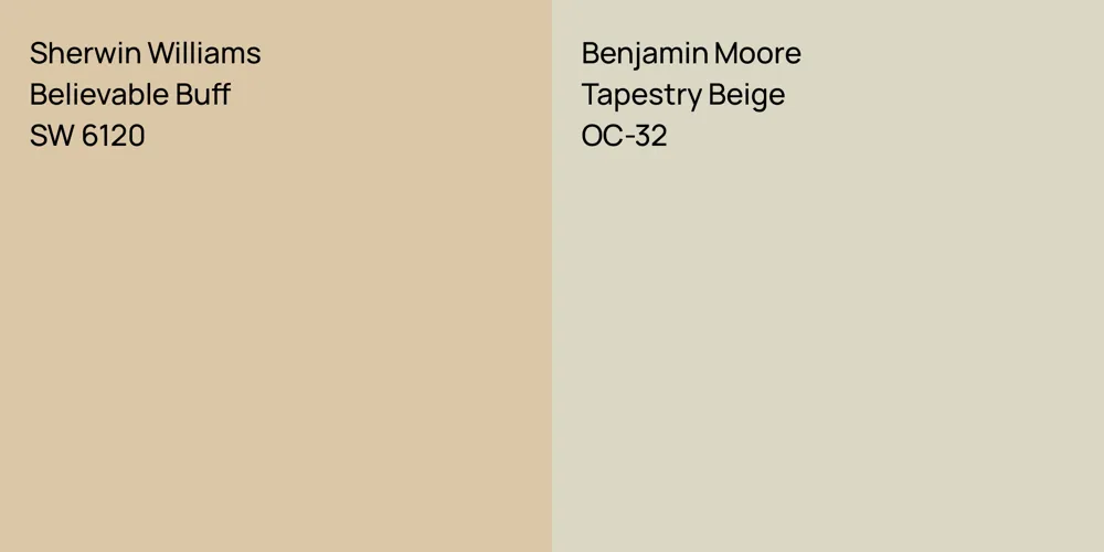 Sherwin Williams Believable Buff vs. Benjamin Moore Tapestry Beige ...